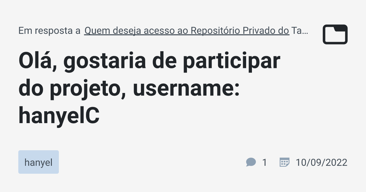 Olá, gostaria de participar do projeto, username: hanyelC · hanyel ...