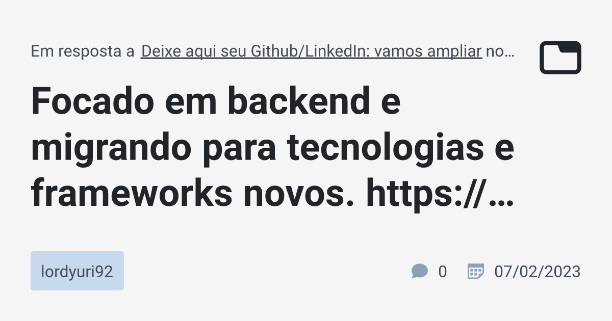 Focado em backend e migrando para tecnologias e frameworks novos. https://www.li · lordyuri92 ...